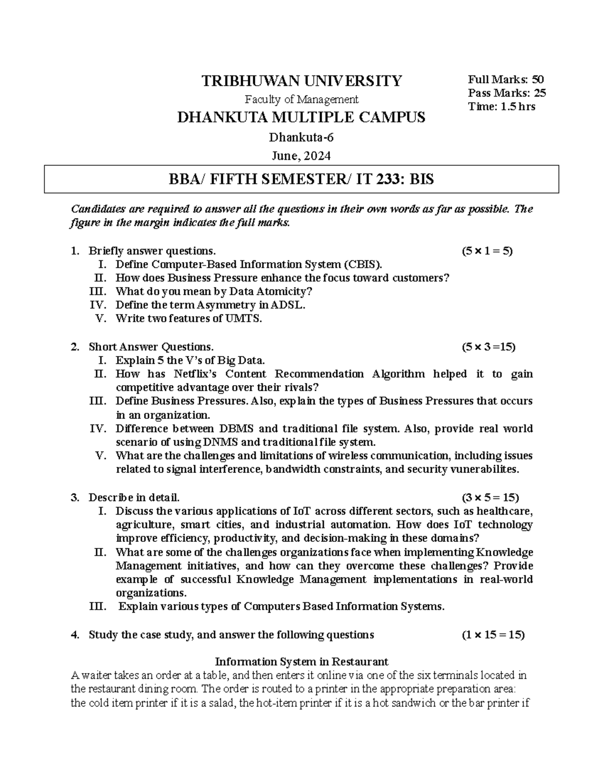 TU BBA IT 233 - Practice Questions for BIS Final Exam - Studocu