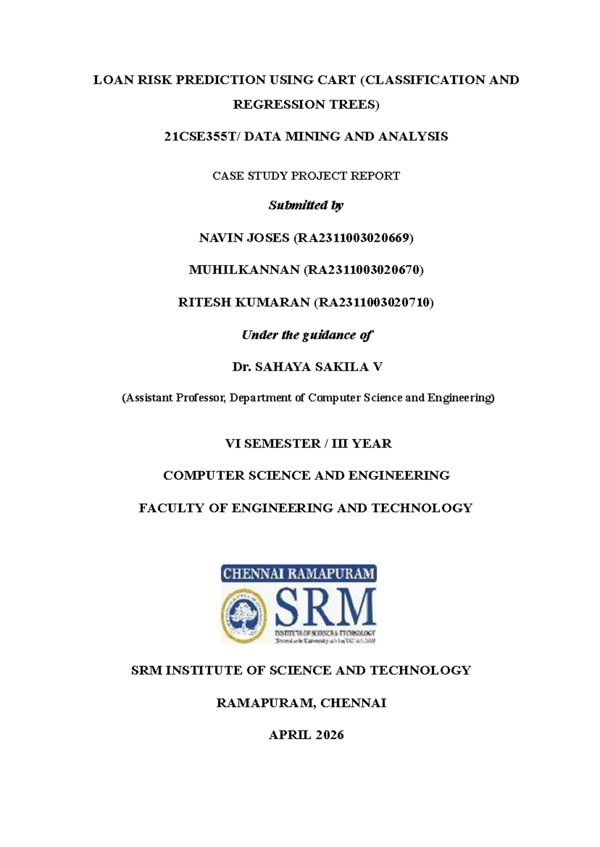 CART Model for Loan Risk Prediction: A Case Study (CSE VI Sem) - Studocu