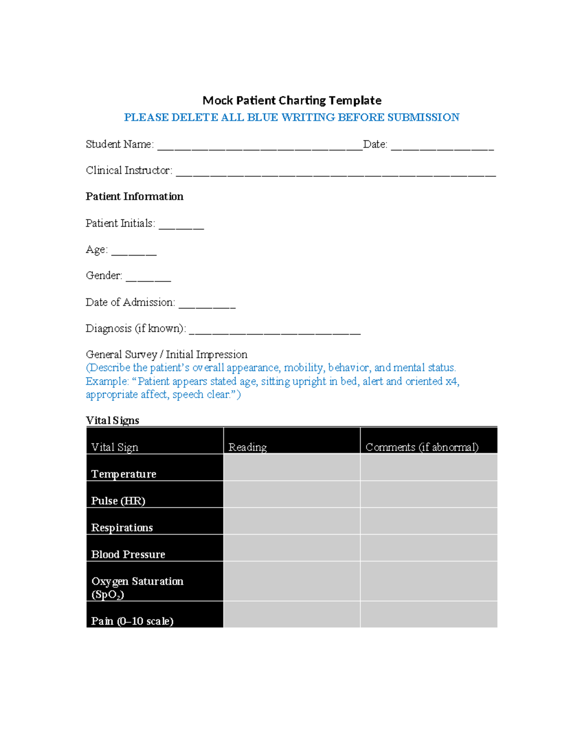 Clinical Nursing I Mock Patient Charting Template - Studocu