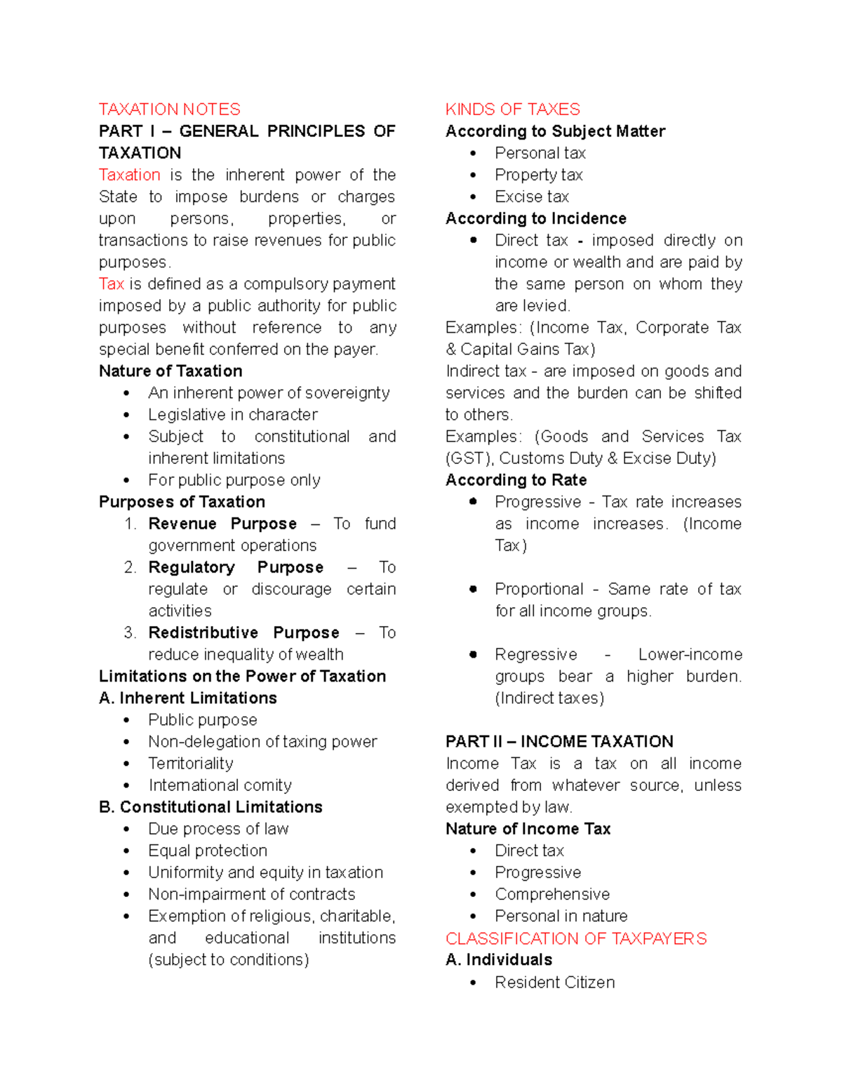 TAXATION NOTES PART I & II: GENERAL PRINCIPLES & INCOME TAX SYSTEM ...