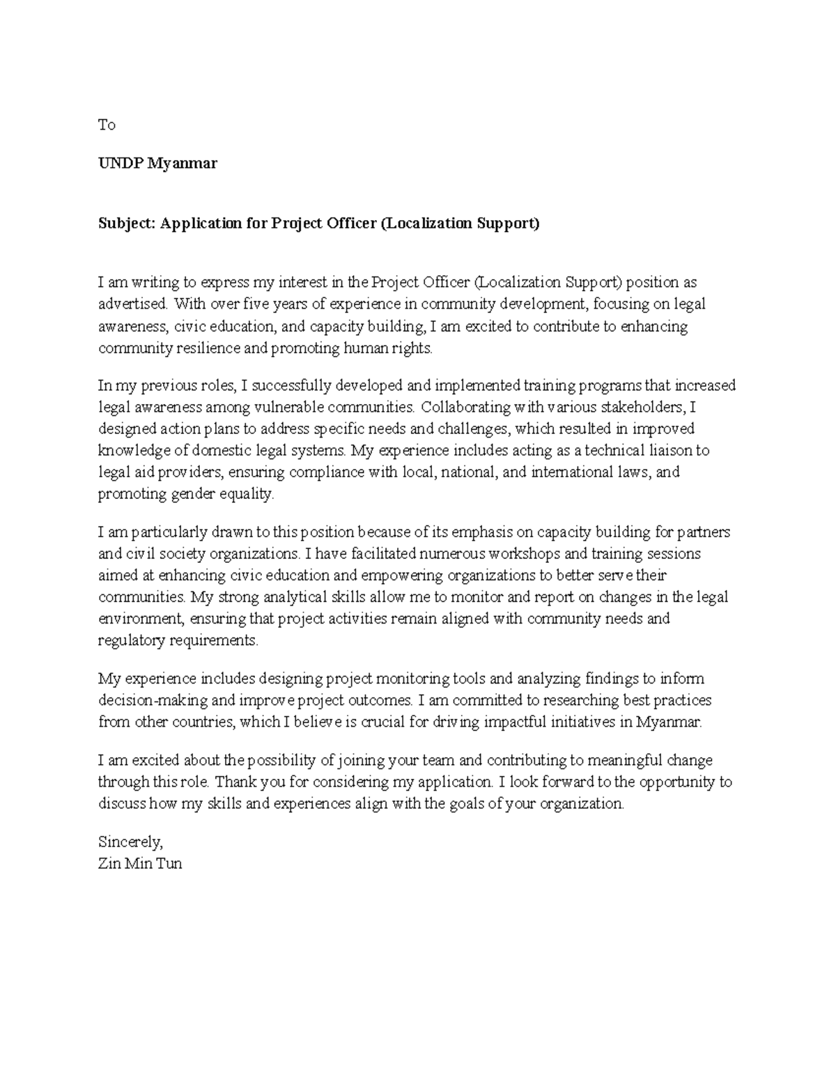 Cover Letter - Zin Min Tun UNDP - To UNDP Myanmar Subject: Application ...