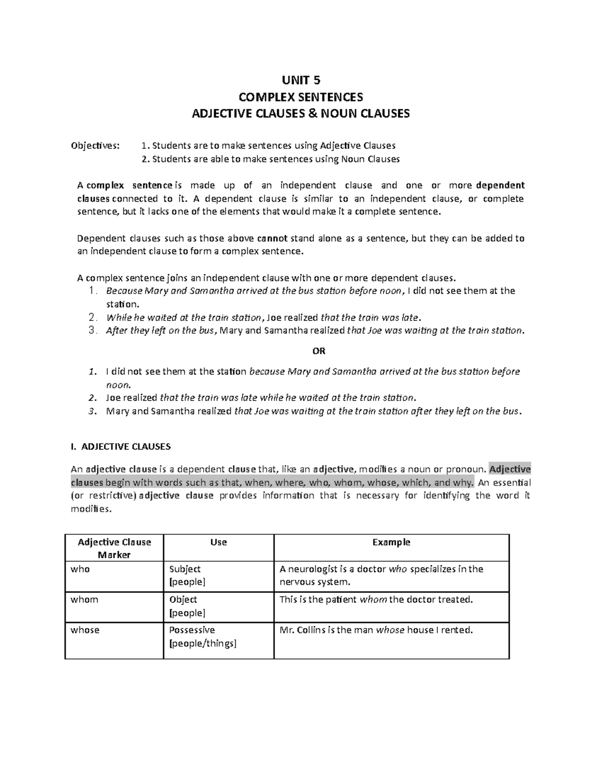 English Writing - Unit 5 Complex Sentences & Clauses - IRG Guide - Studocu