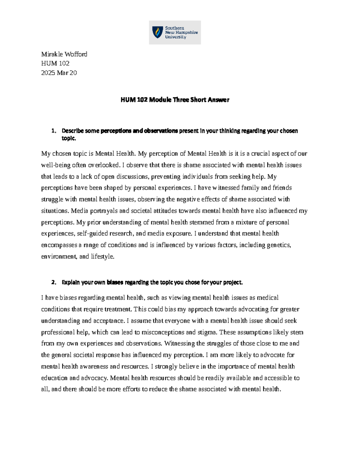 {HUM 102} Module Three: Short Answer - Southern New Hampshire ...