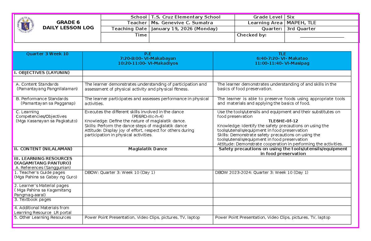 GRADE 6 DAILY LESSON LOG: TLE & MAPEH - Quarter 3, Week 10 - Studocu