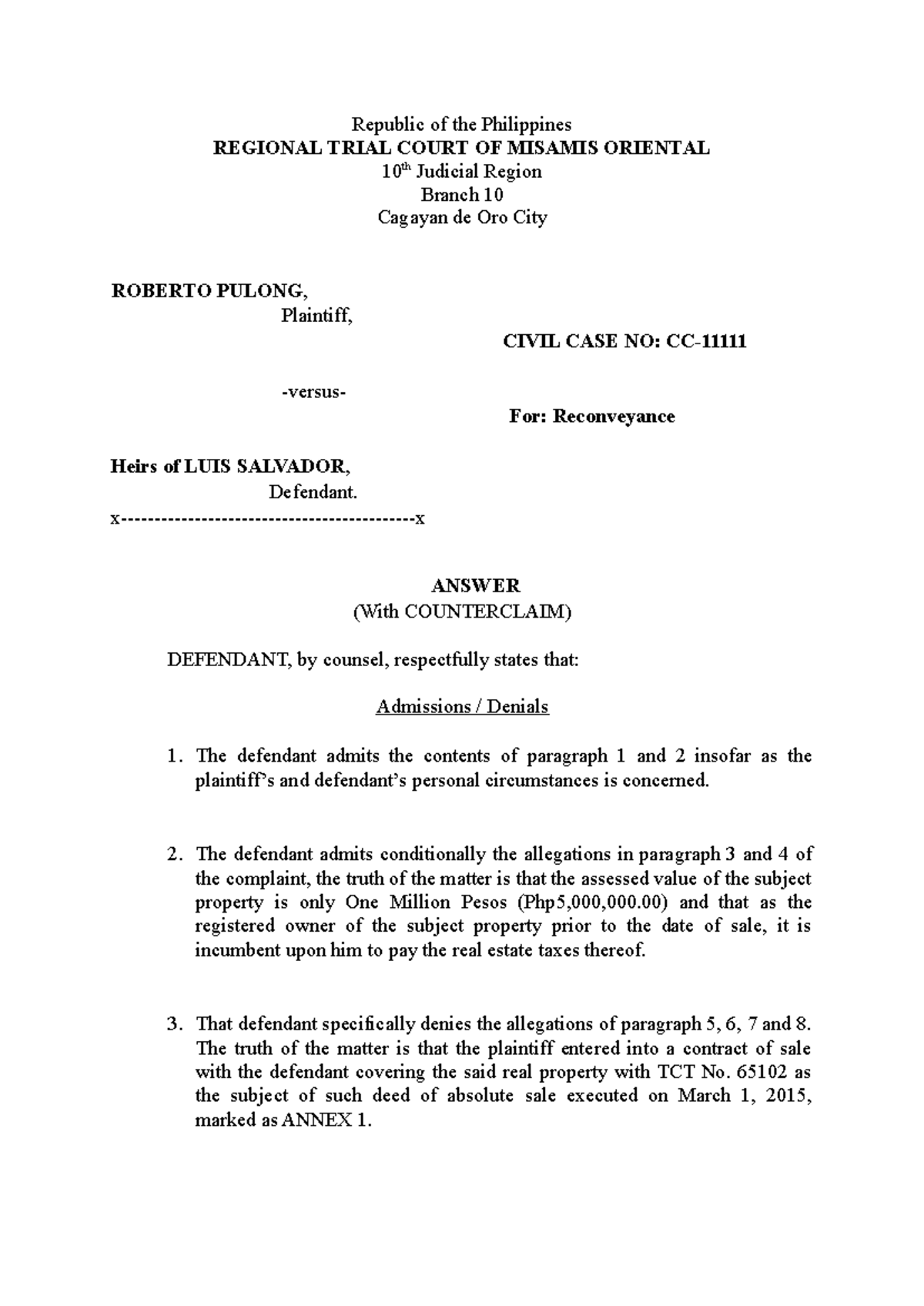 Answer to Complaint - Practice - Civil Case No: CC- (Philippines) - Studocu