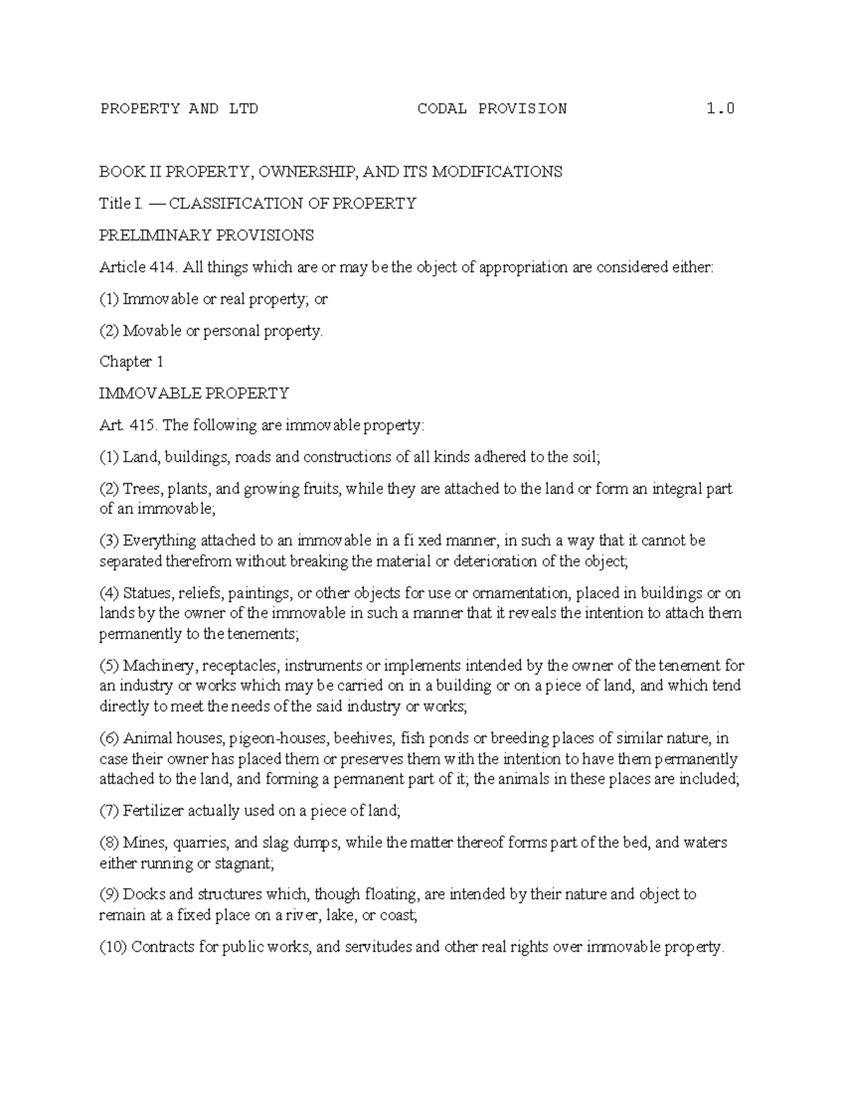 Property Law Codal Provisions (LTD) - Comprehensive Overview - Studocu