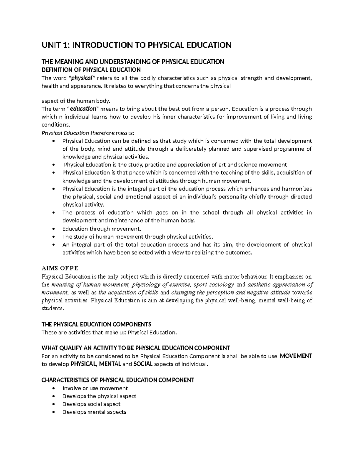 PE 101: Introduction to Physical Education - Key Concepts and ...