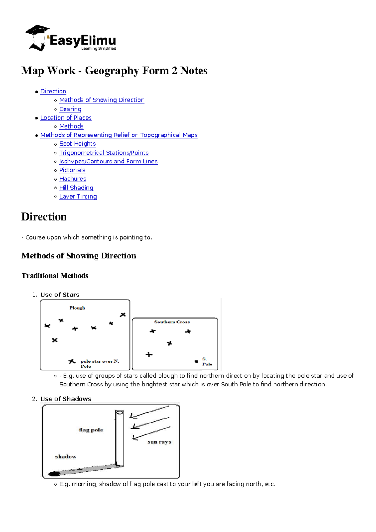 Geography Form 2 Map Work Notes: Direction & Relief Representation ...