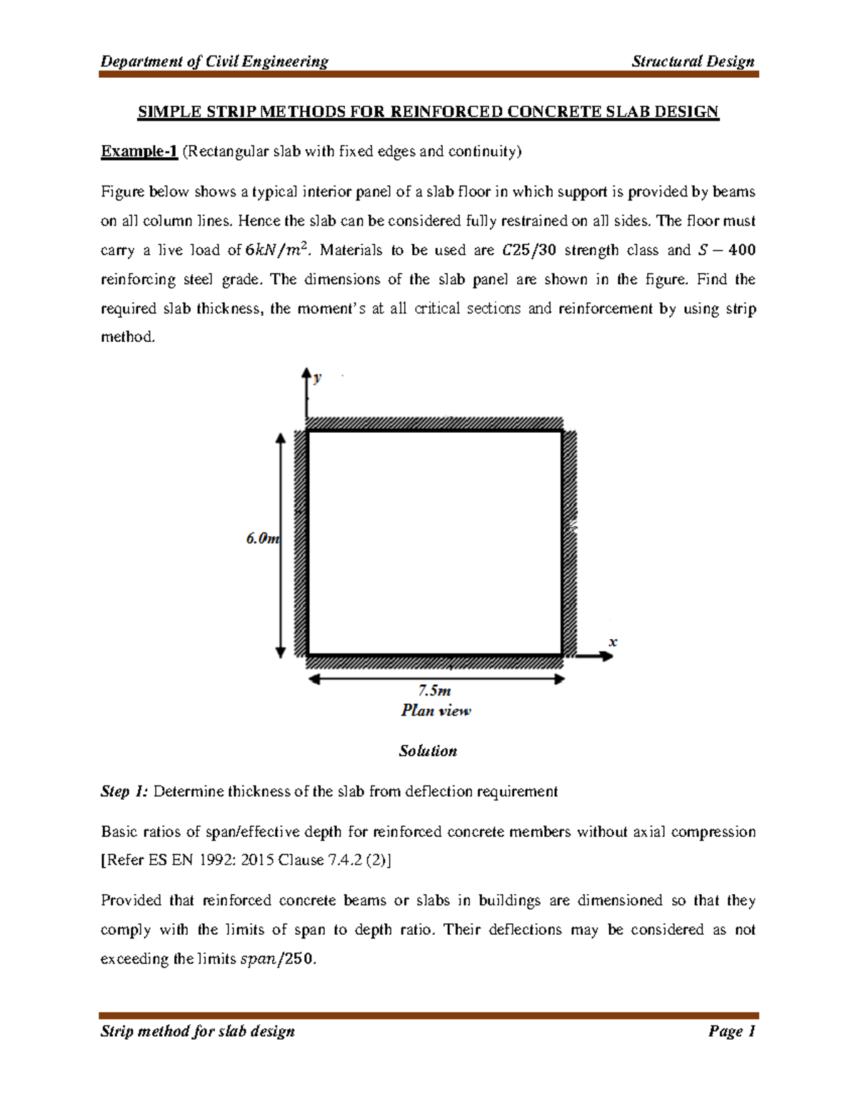 Reinforced Concrete Slab Design Using Strip Method for Course CE202 - Studocu