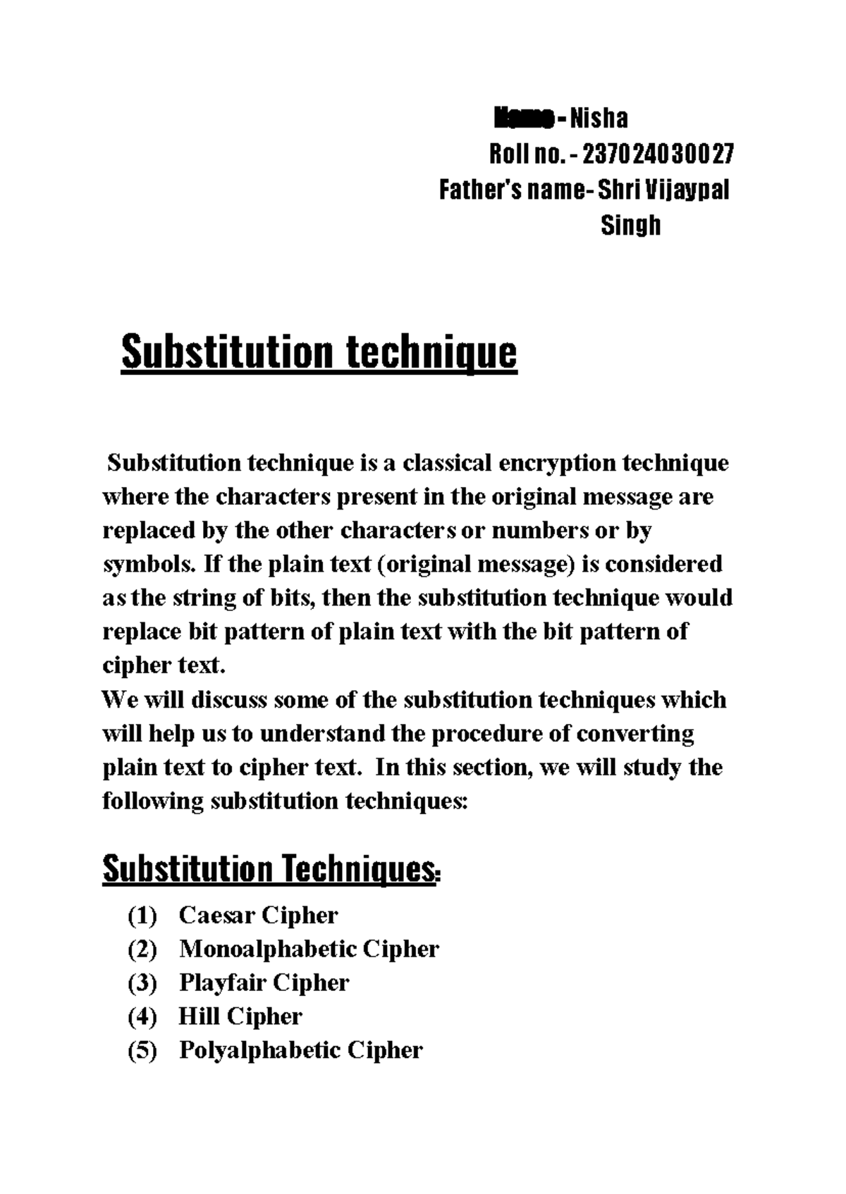 Substitution & Transposition Techniques in Cryptography (CS101) - Studocu