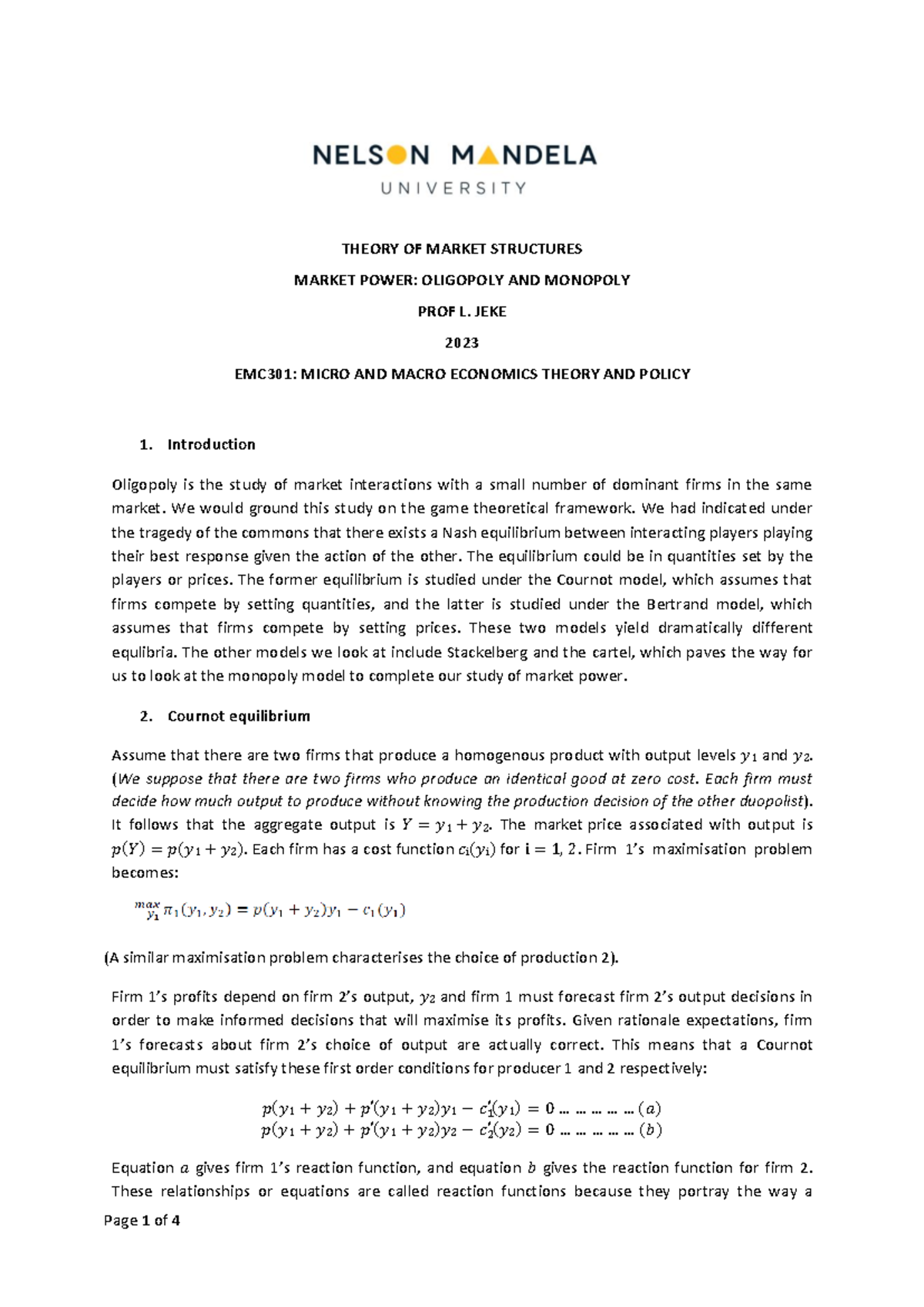 Oligopoly and Monopoly: EMC301 Market Structures Study Notes - Studocu