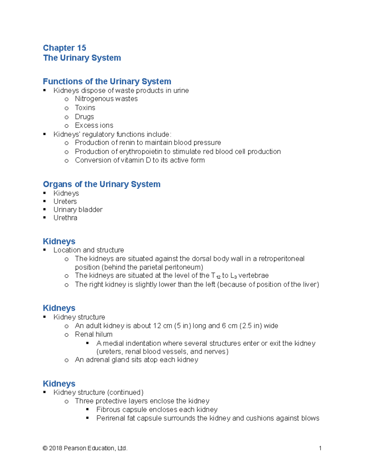 Summary notes for chapter 15: The urinary system functions and ...