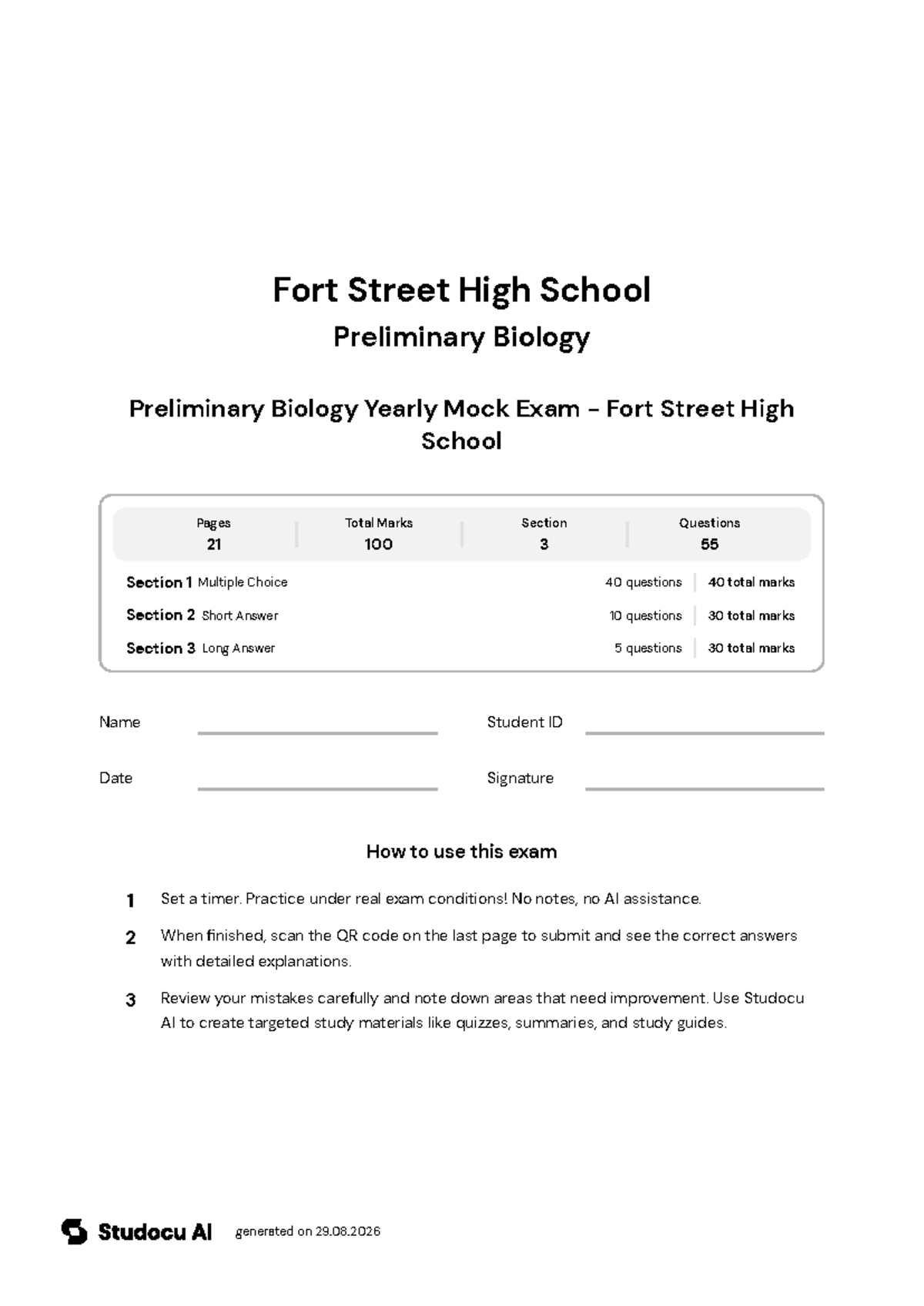 Preliminary Biology Mock Exam - Fort Street High School - Studocu