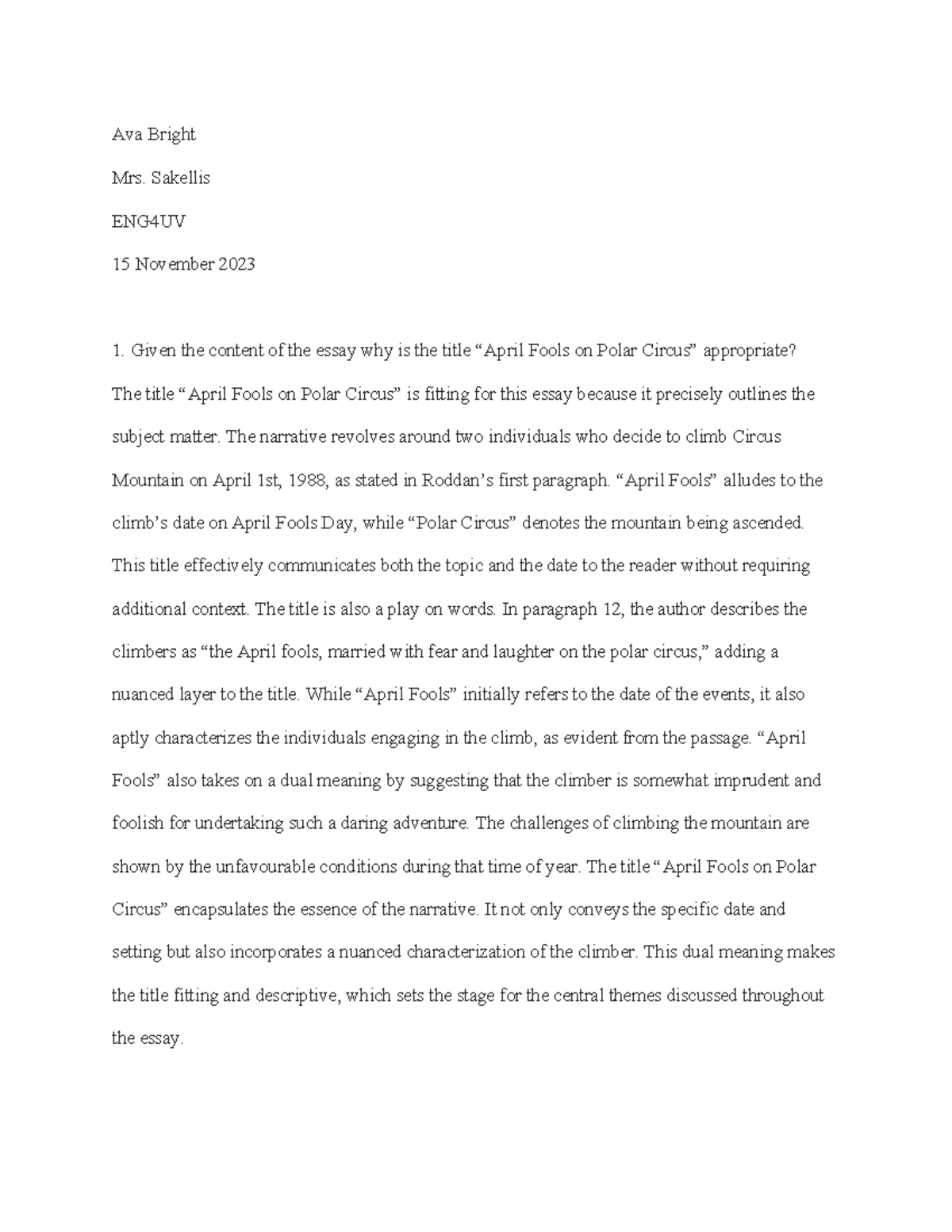 ENG4UV Essay Notes: Analyzing "April Fools on Polar Circus" - Studocu