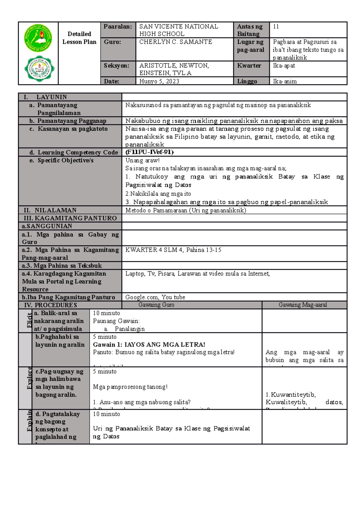 LP-6: Detailed Lesson Plan on Research Methods for Grade 11 - Studocu