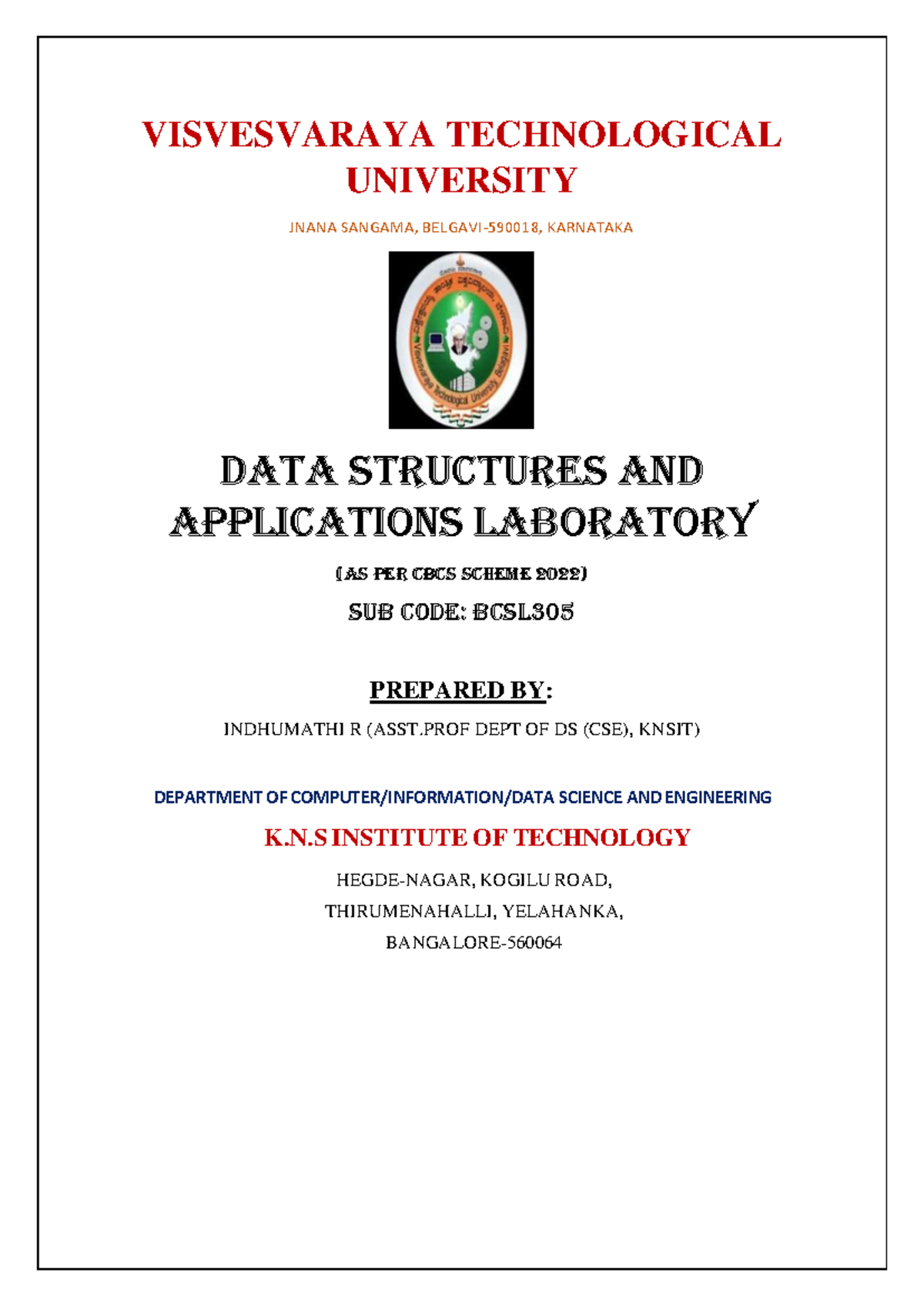 Data Structures Lab Manual BCSL305: C Programs and Applications - Studocu