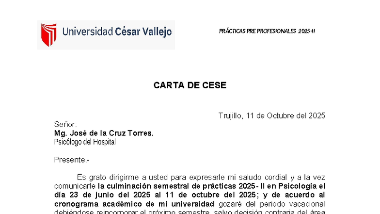 Modelo de Carta de Cese - Prácticas Pre Profesionales PP1-PP2 2025 ...