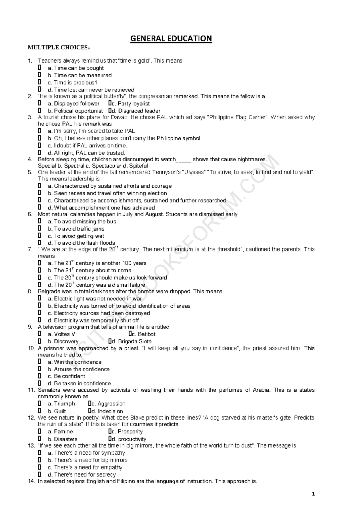 Part 4 Final Coaching pdfbooksforum.com - GENERAL EDUCATION MULTIPLE CHOICES: 1. Teachers always ...