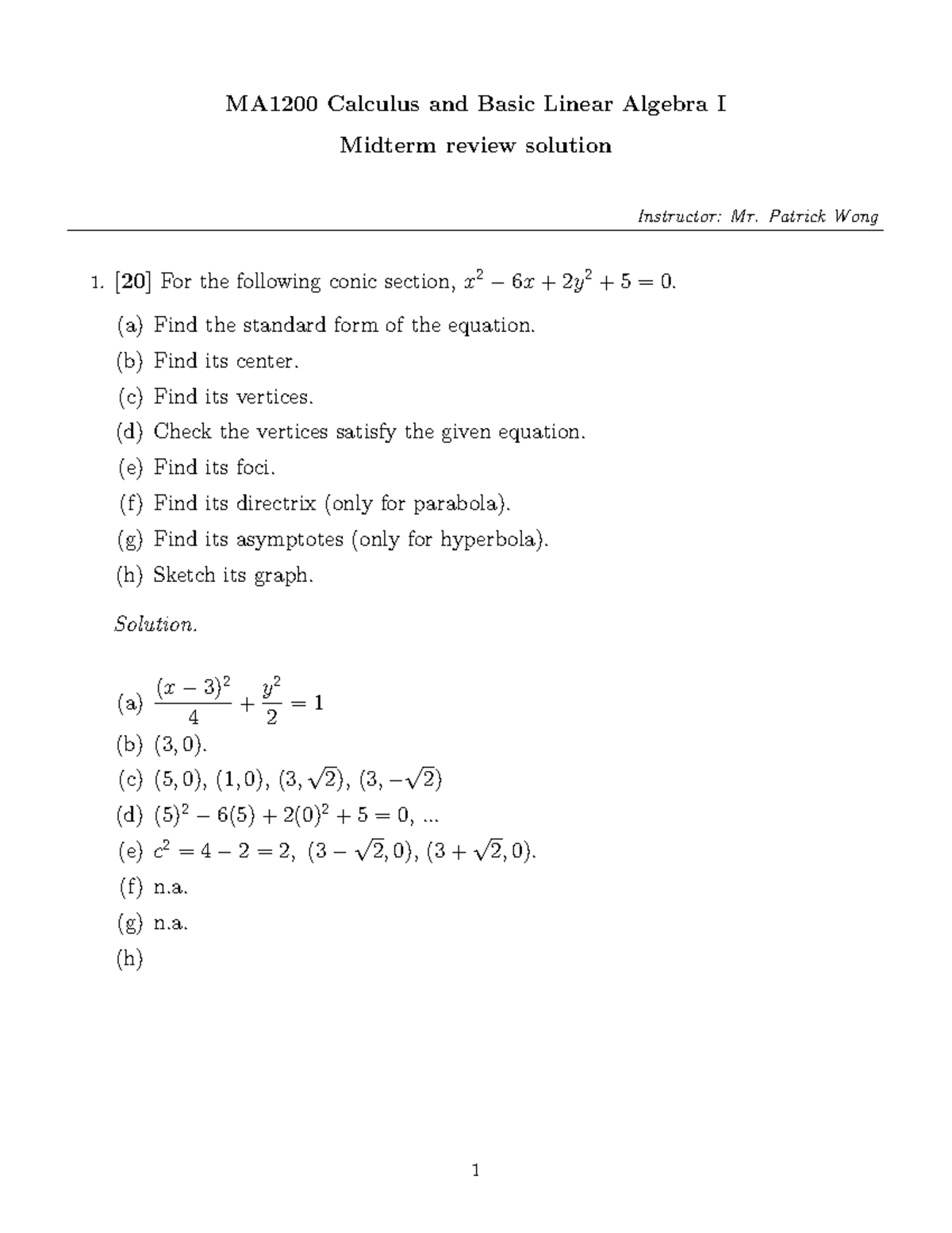 MA1200 Calculus and Basic Linear Algebra I Midterm Review Solutions - Studocu