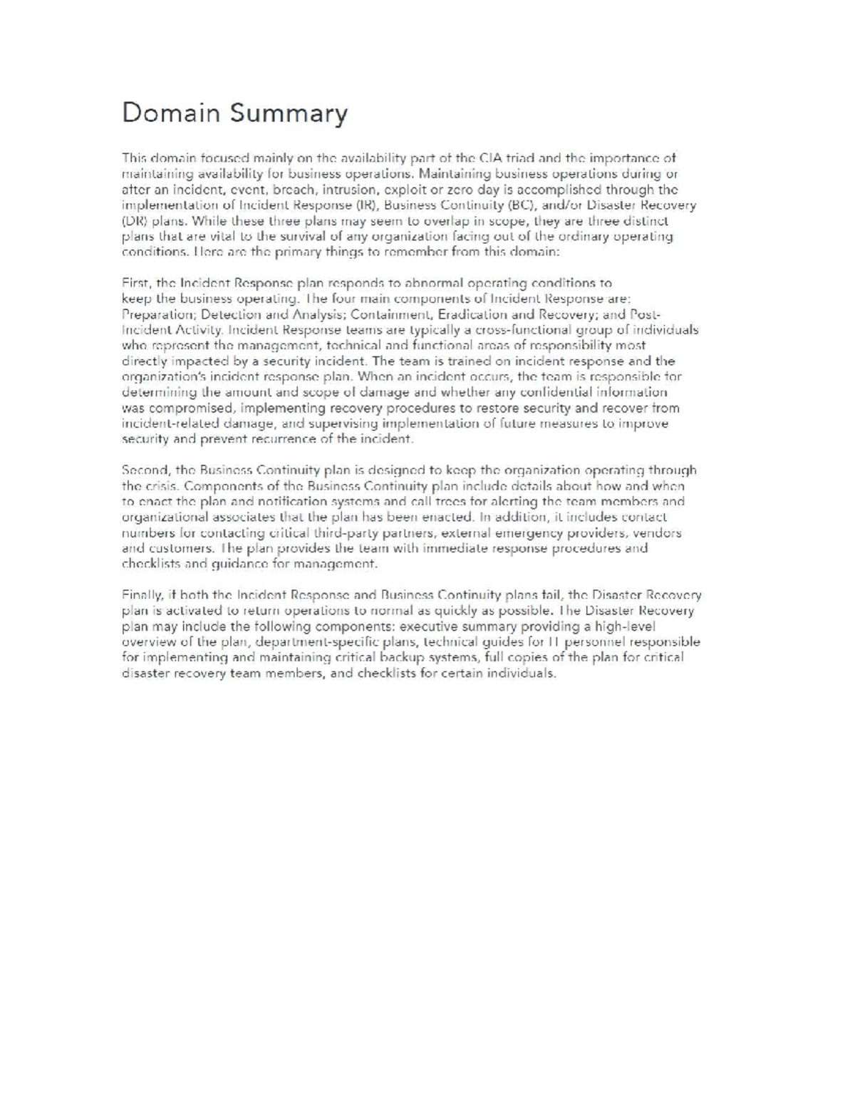 ISC2 Domain 2 Summary: Incident Response, BC, and DR Plans - Studocu