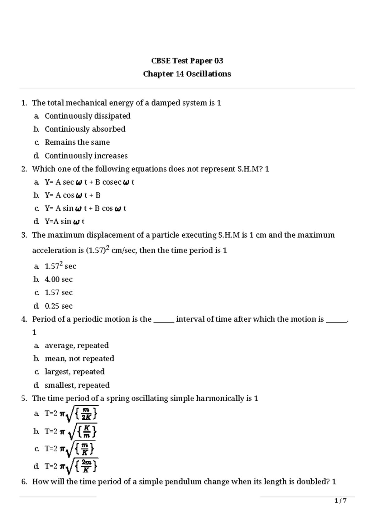 CBSE Test Paper 03: Chapter 14 - Oscillations and Simple Harmonic ...
