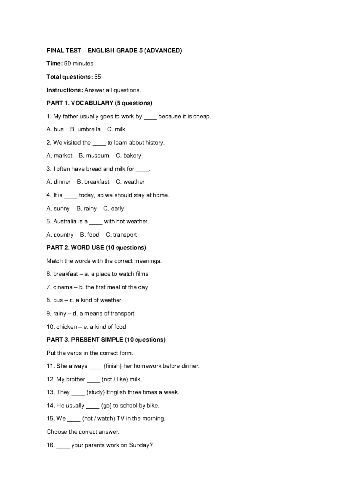 FINAL TEST ENGLISH GRADE 5 (ADVANCED) - Vocabulary & Grammar - Studocu