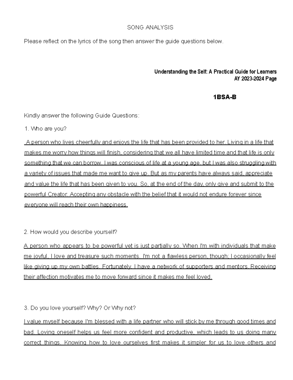 PSY100 Week 2 Activity Worksheet - SONG ANALYSIS Please reflect on the ...