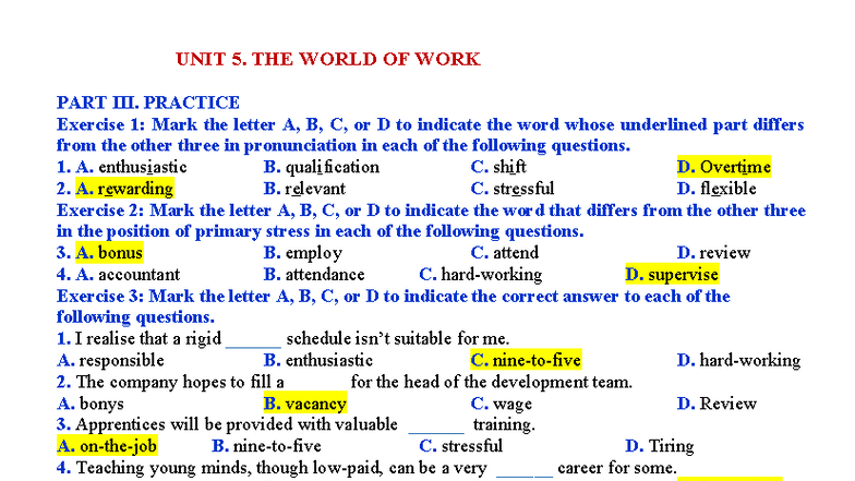 UNIT 5: THE WORLD OF WORK - PRACTICE KEY EXERCISES - Studocu