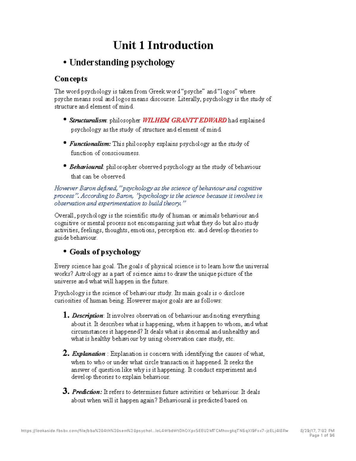 PSYCHOLOGY NOTES OF SECOND SEMESTER - Unit 1 Introduction Understanding ...