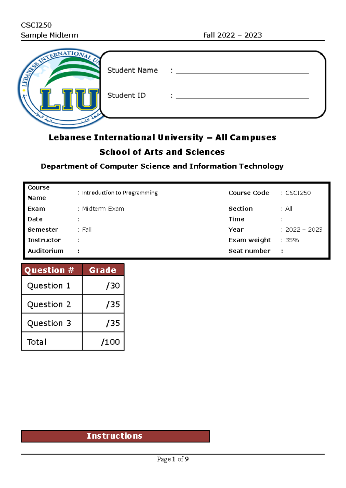 CSCI250 Midterm Sample + Solution 22-23 - Sample Midterm Fall 2022 – 2023 Lebanese International ...