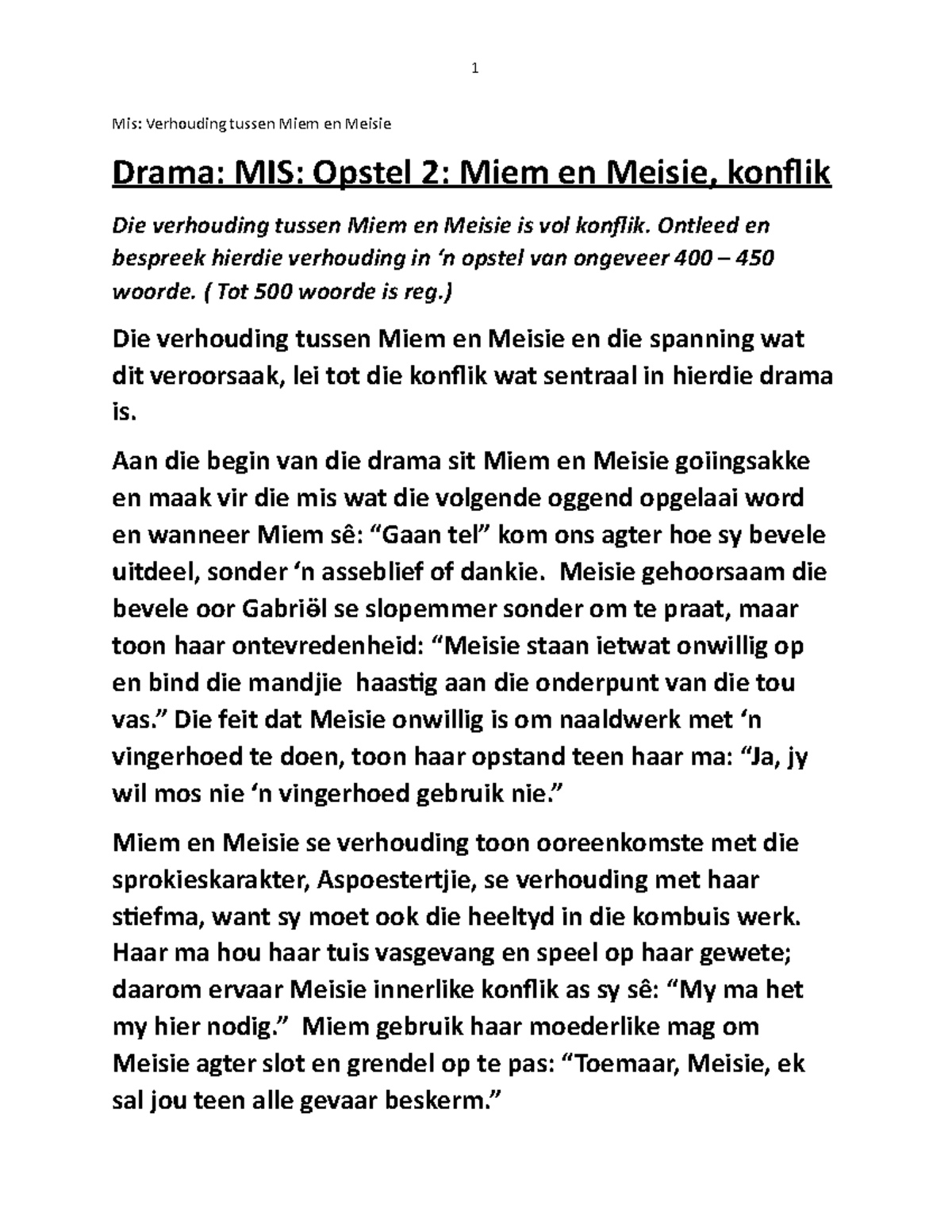 Miem en Meisie: Konflikanalise in Drama - Opstel 2 (MIEM) - Studocu