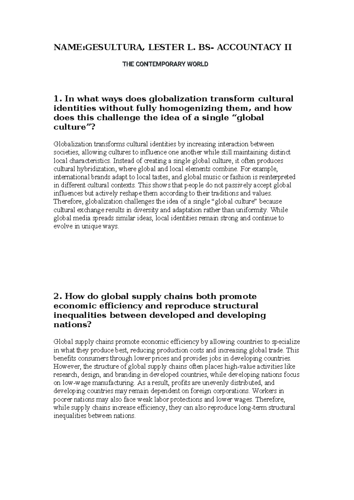Contemporary World Assignment: Globalization Insights - ACC II - Studocu
