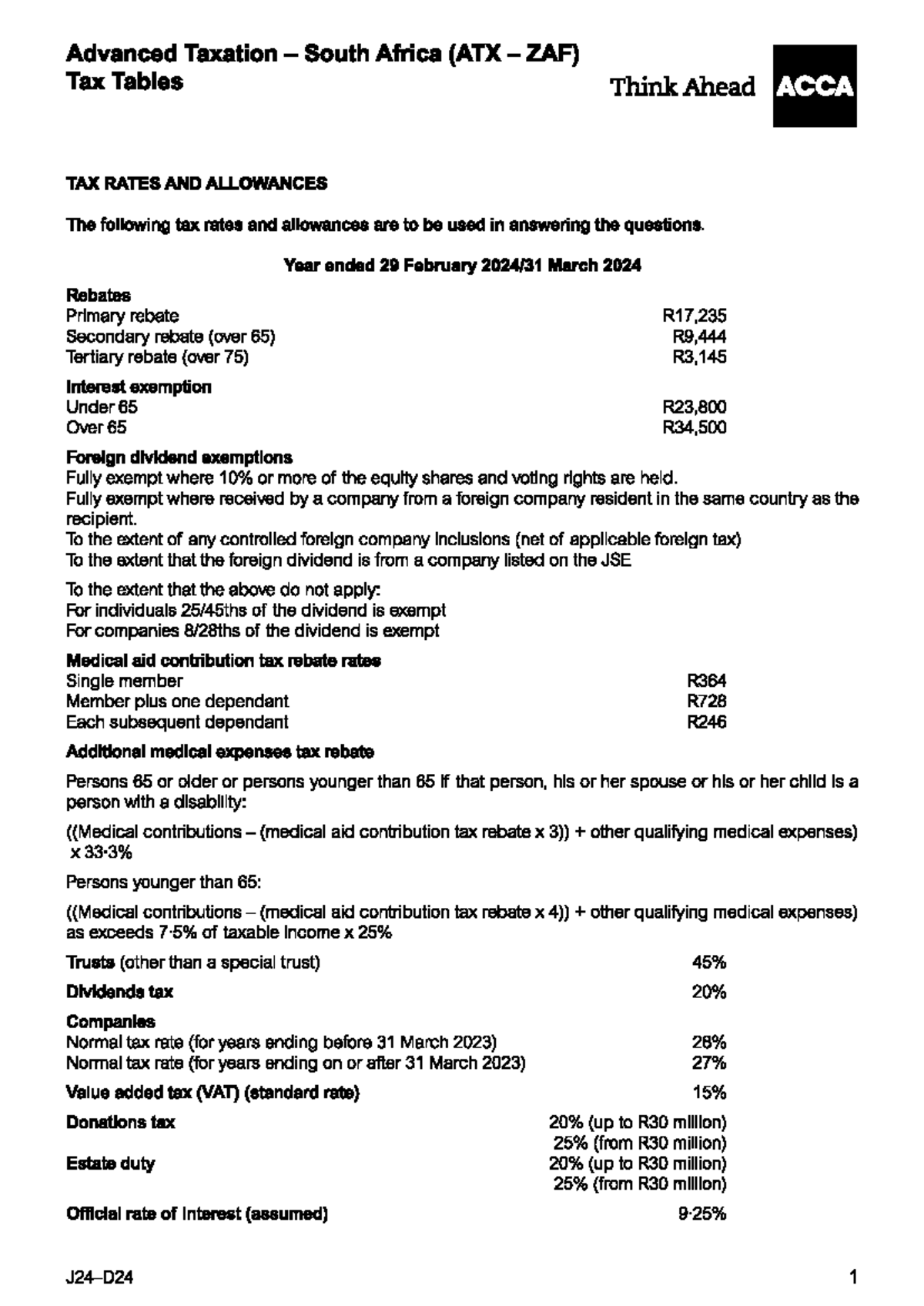 Advanced Taxation ACCA: South Africa 2024 Tax Rates & Allowances - Studocu