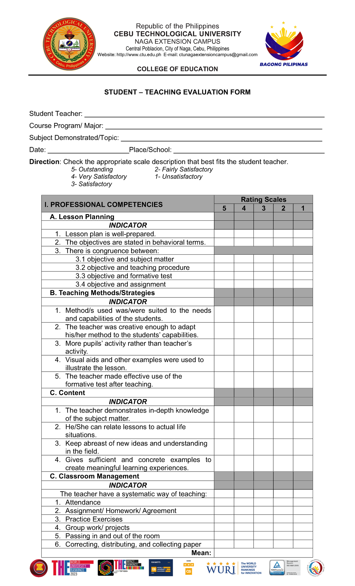 Student Teaching Evaluation FORM - Republic of the Philippines CEBU TECHNOLOGICAL UNIVERSITY ...