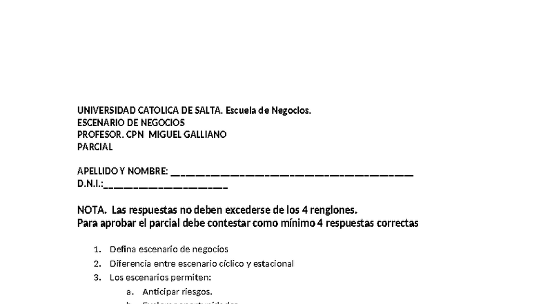 Parcial de Escenario de Negocios - CPN Miguel Galliano - Studocu