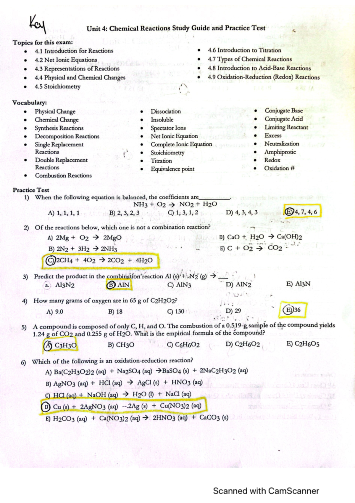 U4.Chemical Reactions: Study Guide & Practice Test Key - Studocu