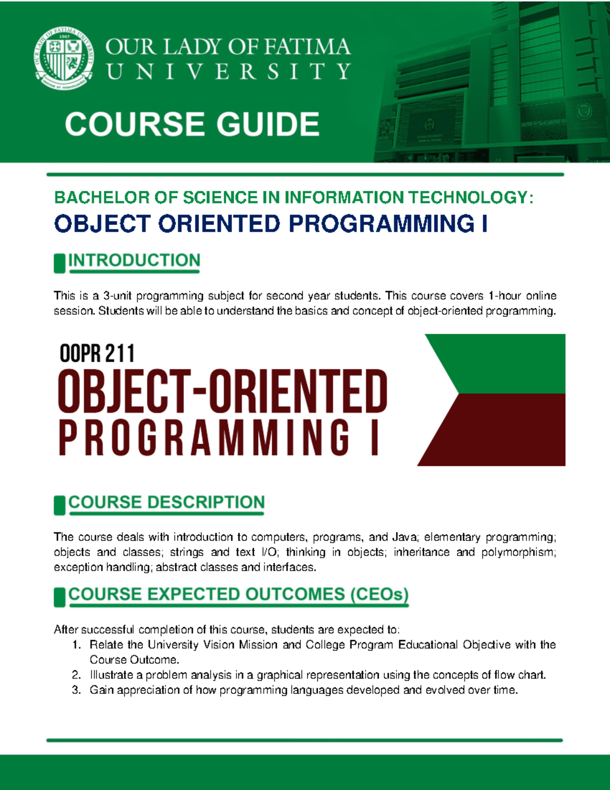 OOPR211 Course Guide: Introduction to Object-Oriented Programming - Studocu