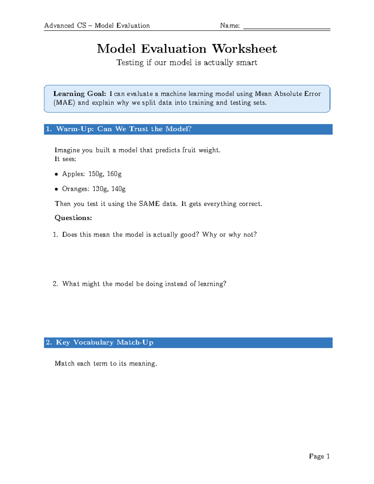 Model Evaluation Worksheet - Advanced CS (CS 101) - Studocu