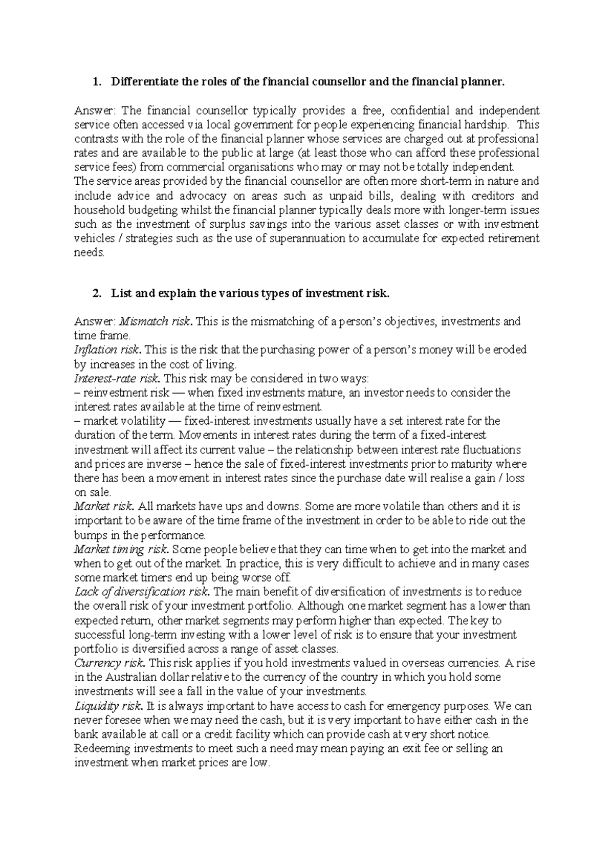 Theory Questions and Answers - Personal Financial Planning (FIN 101 ...