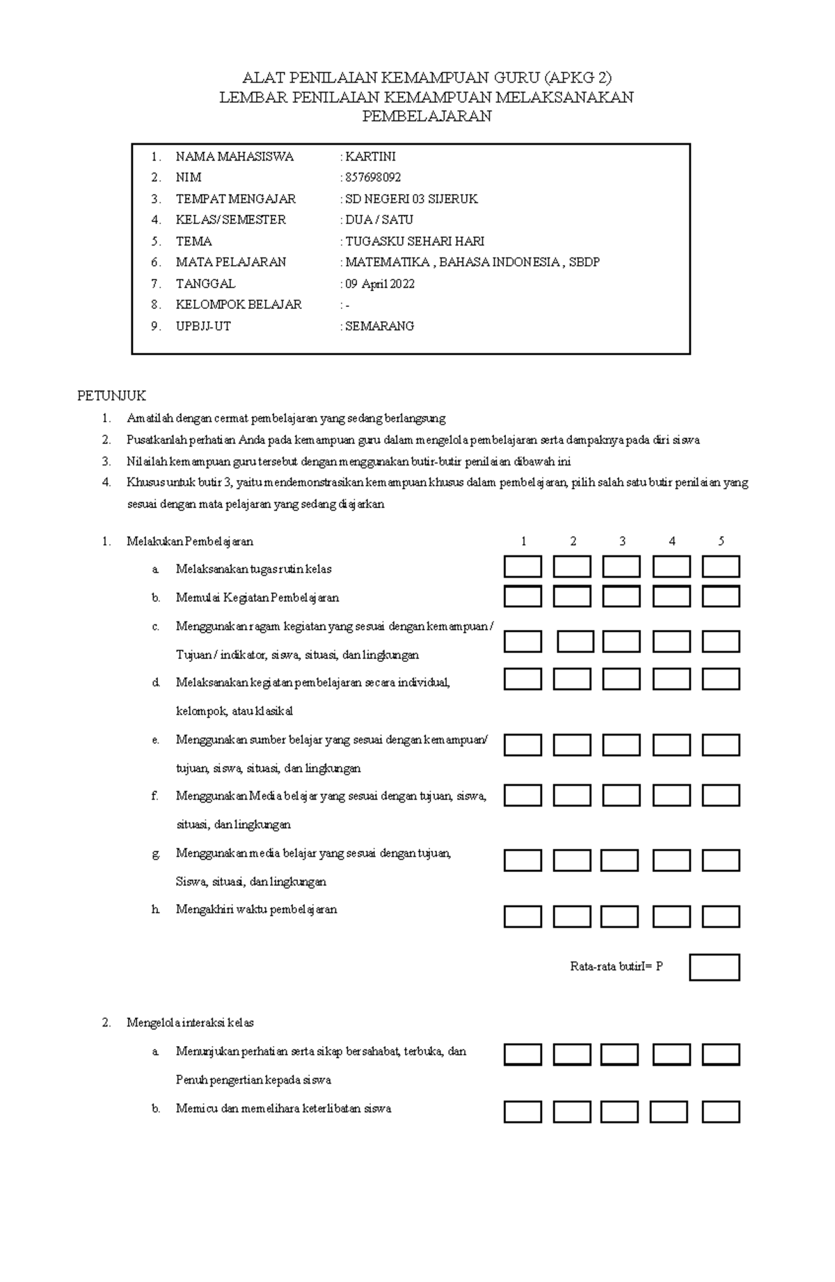 APKG 2 - Lembar Penilaian Kemampuan Mengajar dan Pembelajaran - Studocu