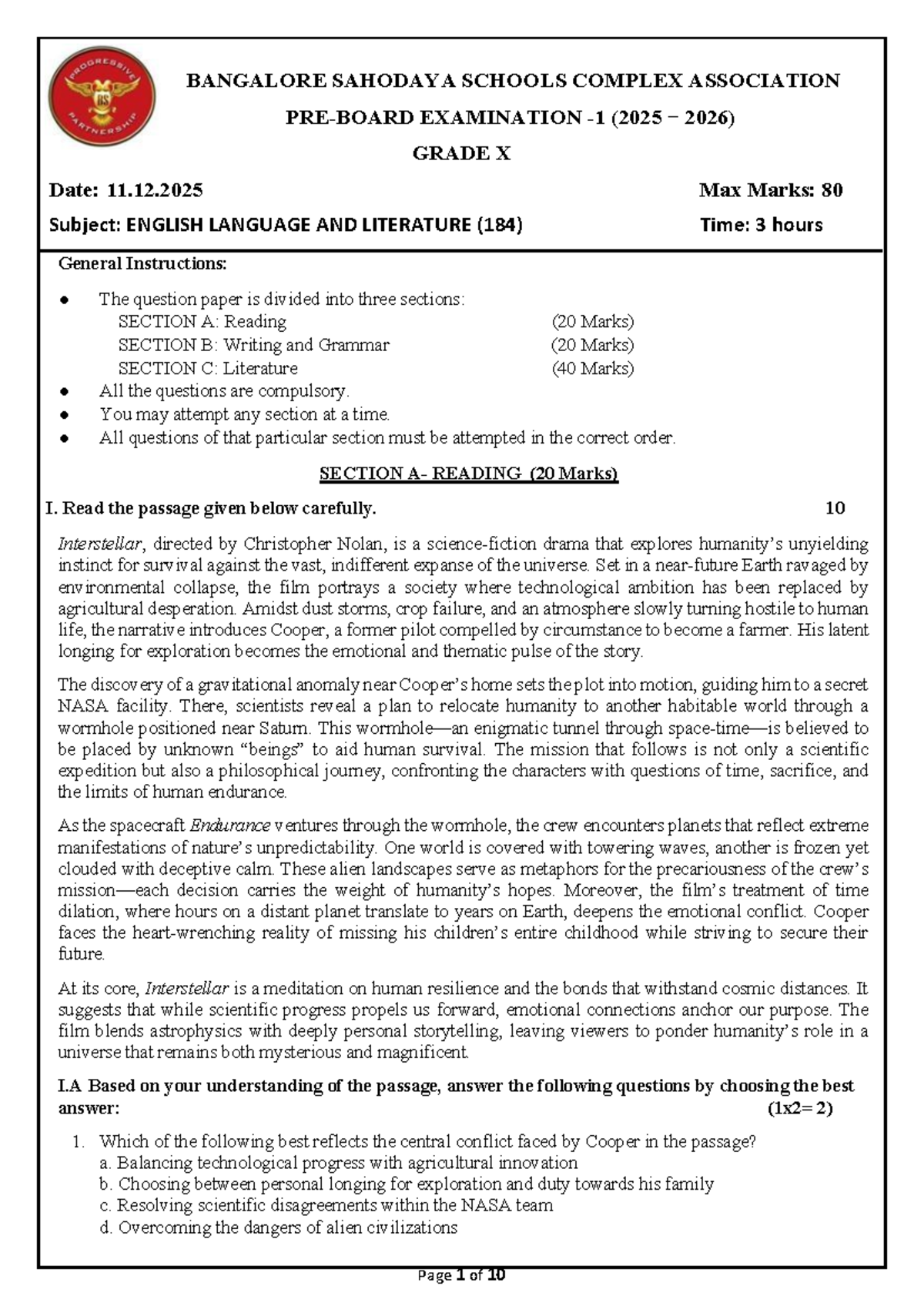 Bangalore Sahodaya Class 10 English Language & Literature Exam Paper ...