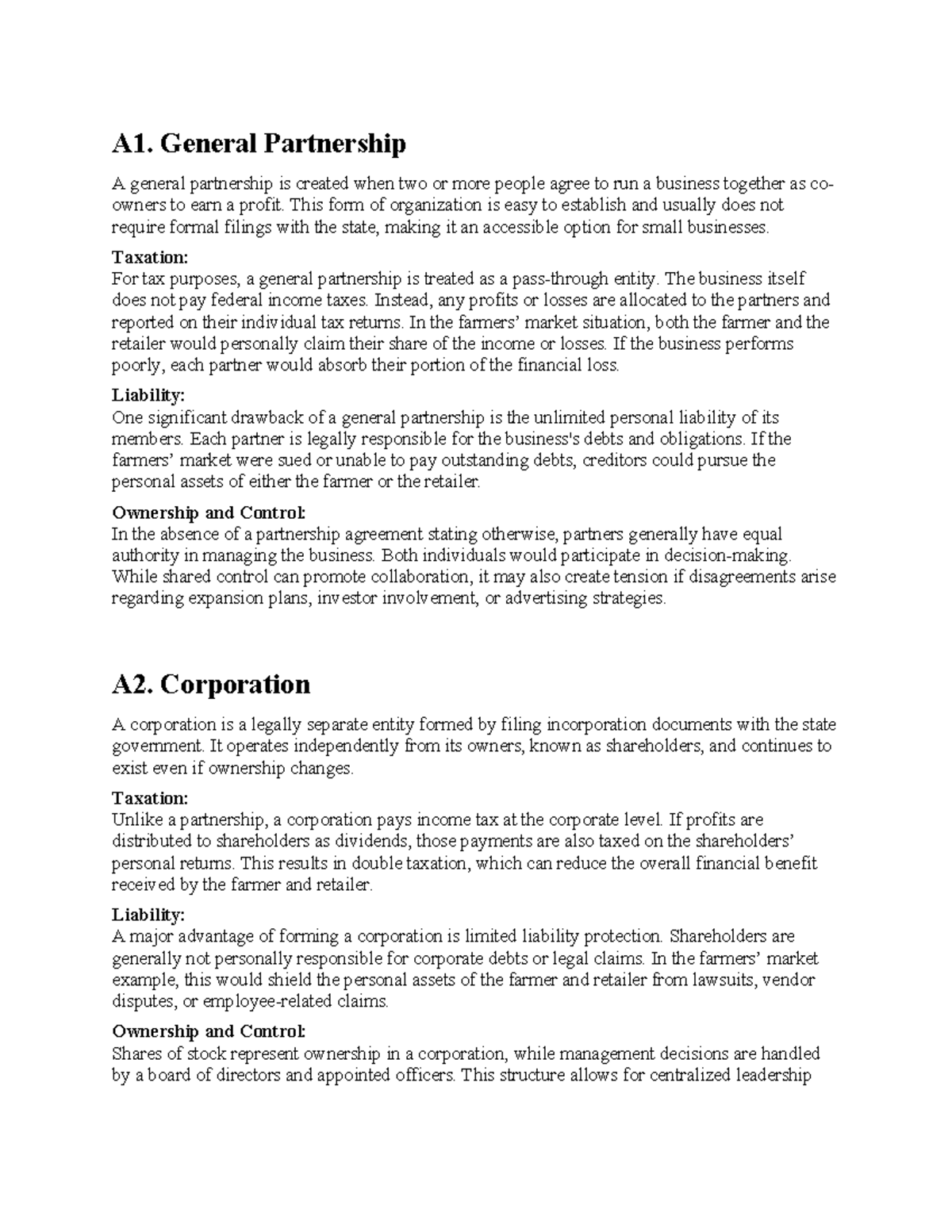 A1. Business Forms & Ethics: General Partnership vs Corporation - Studocu