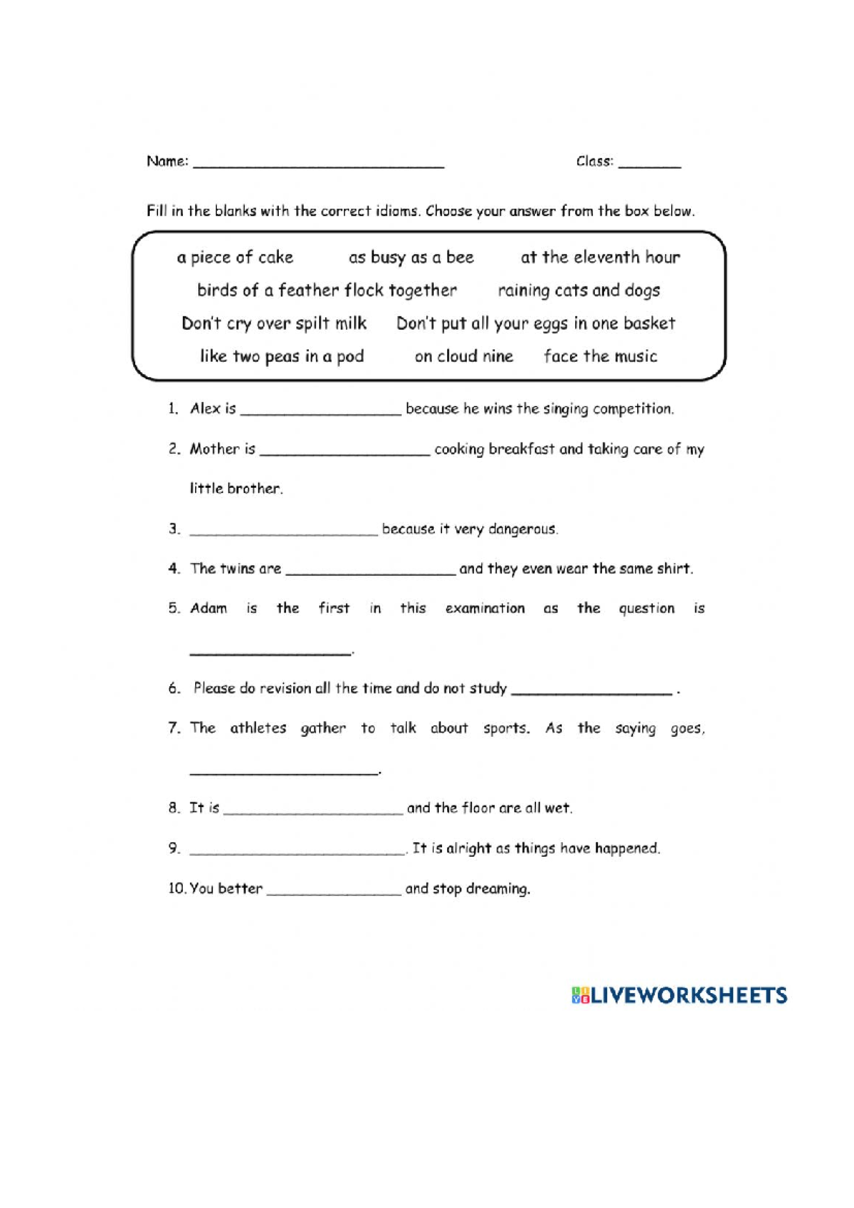 Worksheet 2028332 - ccd: Fill in the Blanks with Idioms - Studocu