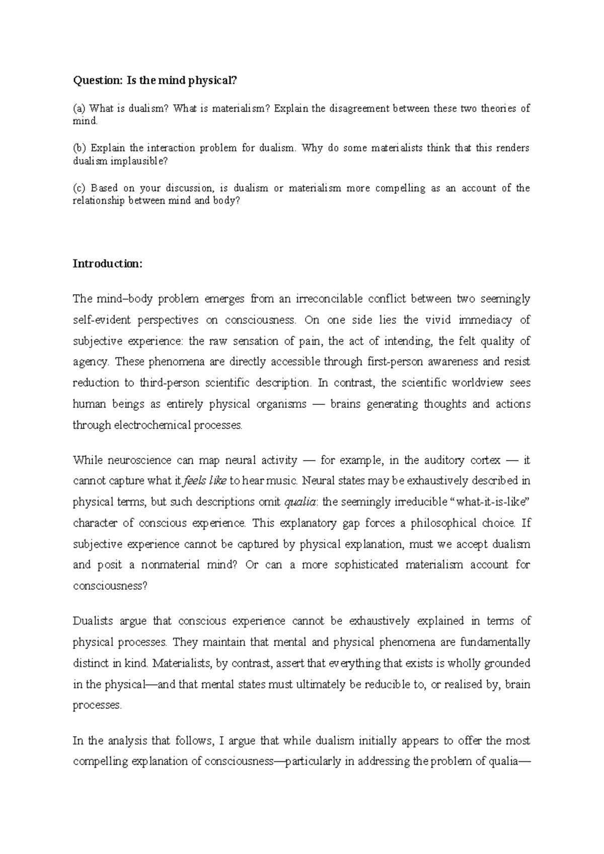 Mind and Body Problem: A Critical Analysis of Dualism vs. Materialism ...