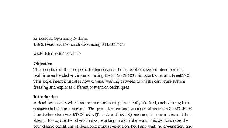 Embedded Operating Systems Lab 5: Deadlock Demo with STM32F103 - Studocu