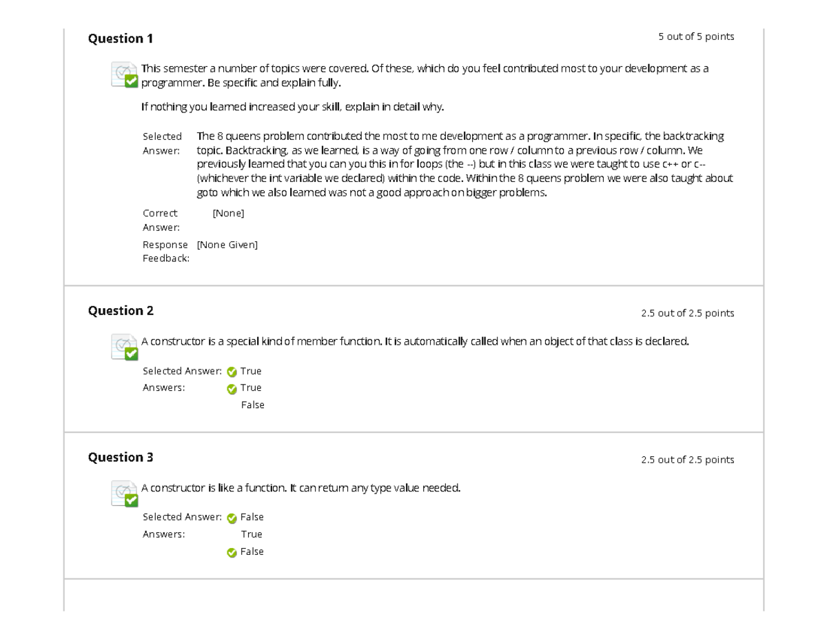 Fall 2020 final - cs211 mc 2 1 - Question 1 Selected Answer: Correct ...