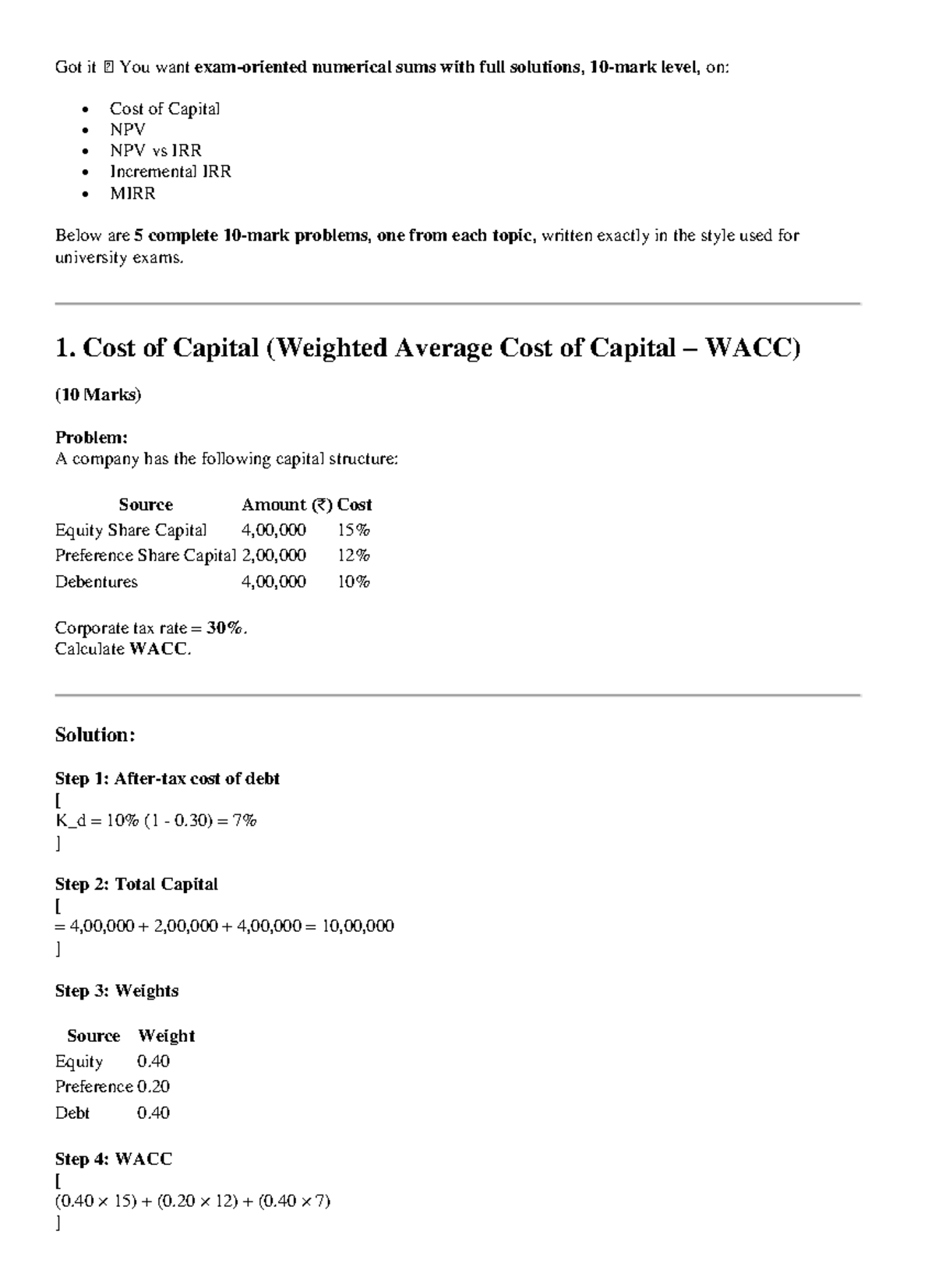 Practical Numerical Problems on Cost of Capital & NPV for CFM - MFA ...