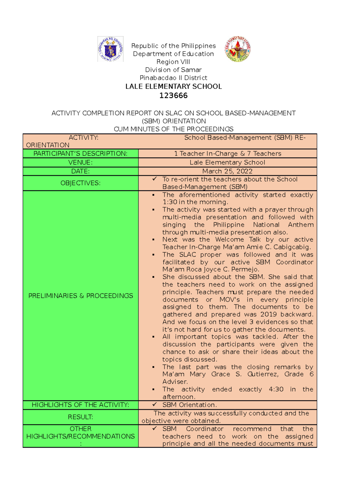 SLAC SBM Activity Accomplishment Report - Orientation on 3-25-22 - Studocu