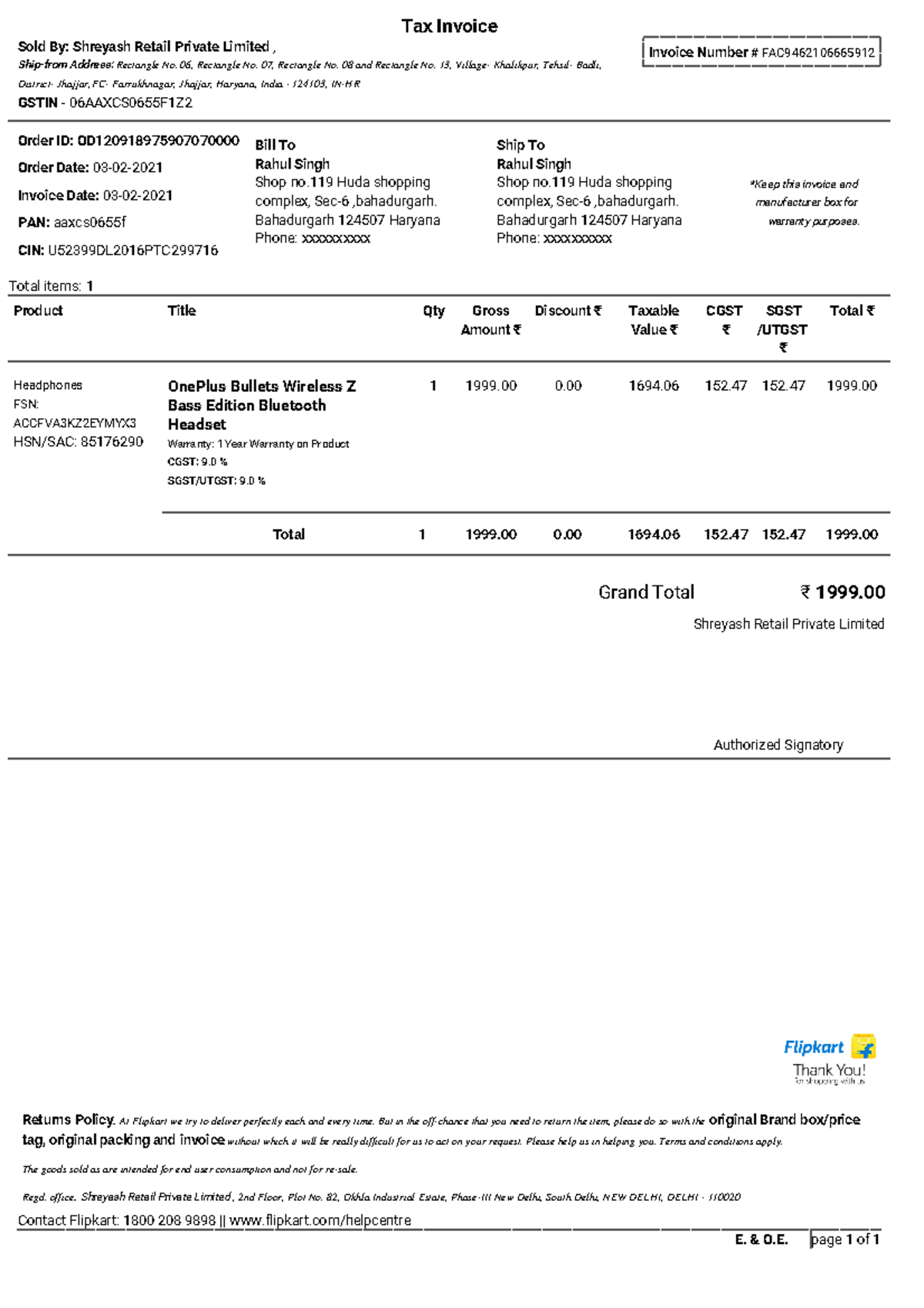 OnePlus Z2 Invoice - Purchase Details and Warranty Information - Studocu
