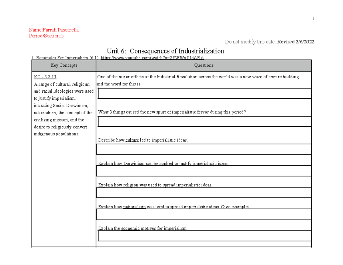 Unit 6: APWH Review - Consequences of Industrialization - Studocu